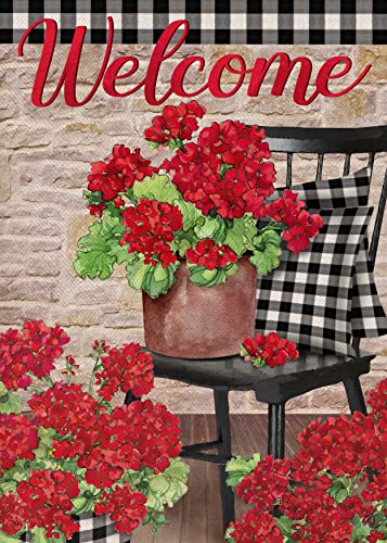 Dyrenson Welcome Spring Geranium Red Flower Decorative Garden Flag, Black White Buffalo Plaid Floral Pot Chair House Yard Outside Decorations, Summer Farmhouse Vintage Rustic Outdoor Small Decor 12x18