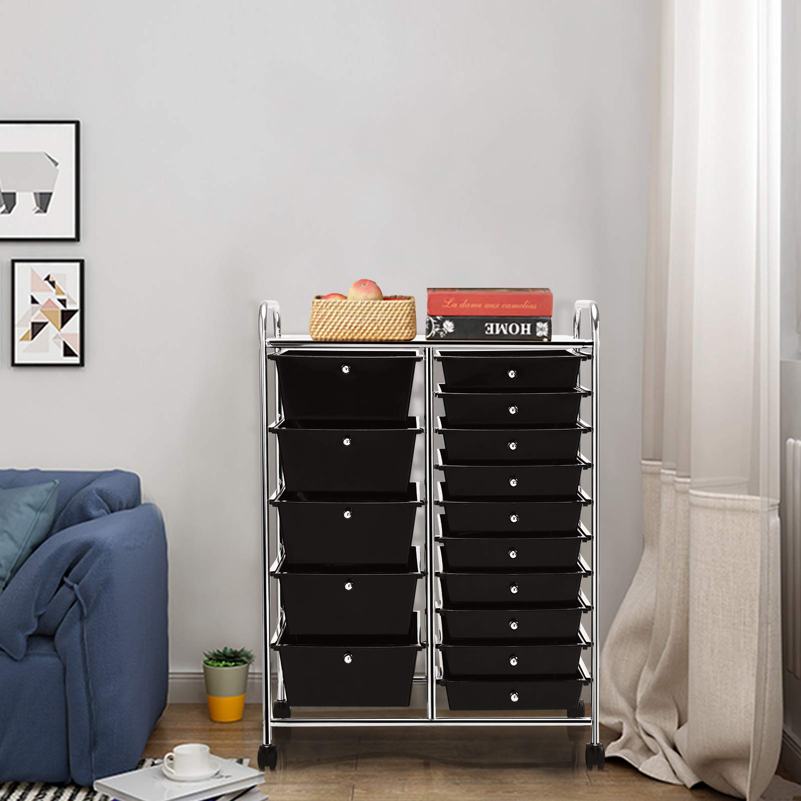 SILKYDRY 15 Drawers Rolling Storage Cart, Craft Cart Organizer with Lockable Wheels for Tools, Arts, Scrapbook, Papers, Multipurpose Utility Cart for Home Office School (Black)