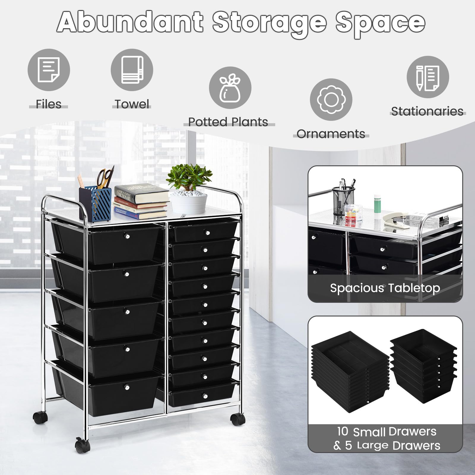 SILKYDRY 15 Drawers Rolling Storage Cart, Craft Cart Organizer with Lockable Wheels for Tools, Arts, Scrapbook, Papers, Multipurpose Utility Cart for Home Office School (Black)