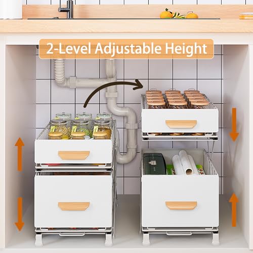 StorageWorks Cabinet Organizer, 2 Tier Pull Out Cabinet Organizer, Bathroom Under Sink Organizer, Pantry Basket, White