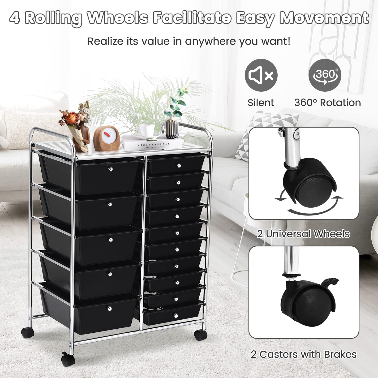 SILKYDRY 15 Drawers Rolling Storage Cart, Craft Cart Organizer with Lockable Wheels for Tools, Arts, Scrapbook, Papers, Multipurpose Utility Cart for Home Office School (Black)