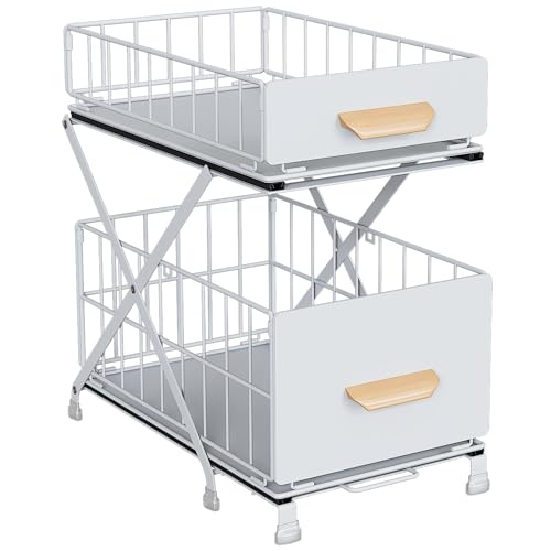StorageWorks Cabinet Organizer, 2 Tier Pull Out Cabinet Organizer, Bathroom Under Sink Organizer, Pantry Basket, White