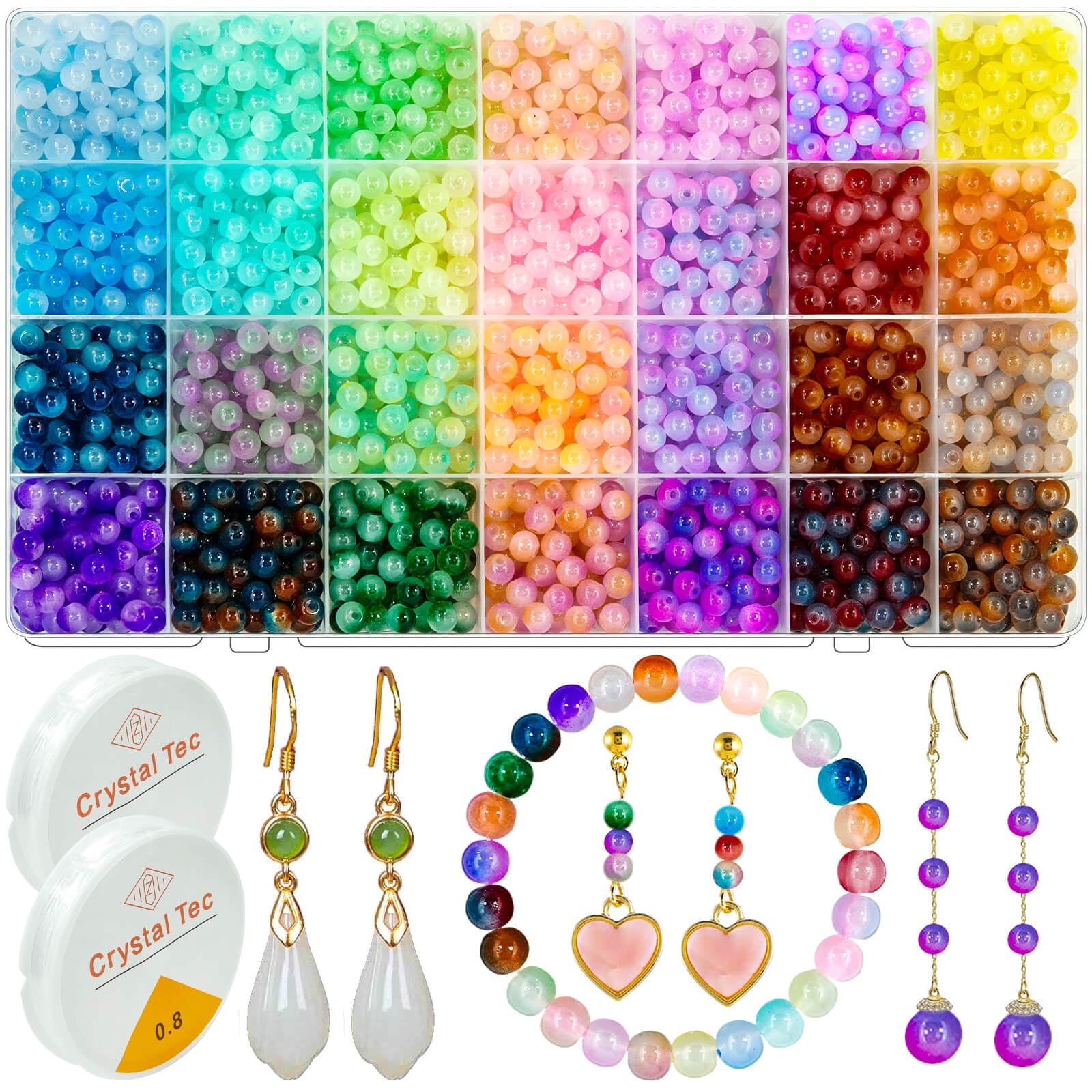1800pcs 6MM Glass Beads for Jewelry Making, 28 Colors Crystal Bracelet Making Glass Bead Round DIY Craft Beads with Elastic Thread for Earrings Necklace Bracelet Making (6MM-28 Gradient Colors)