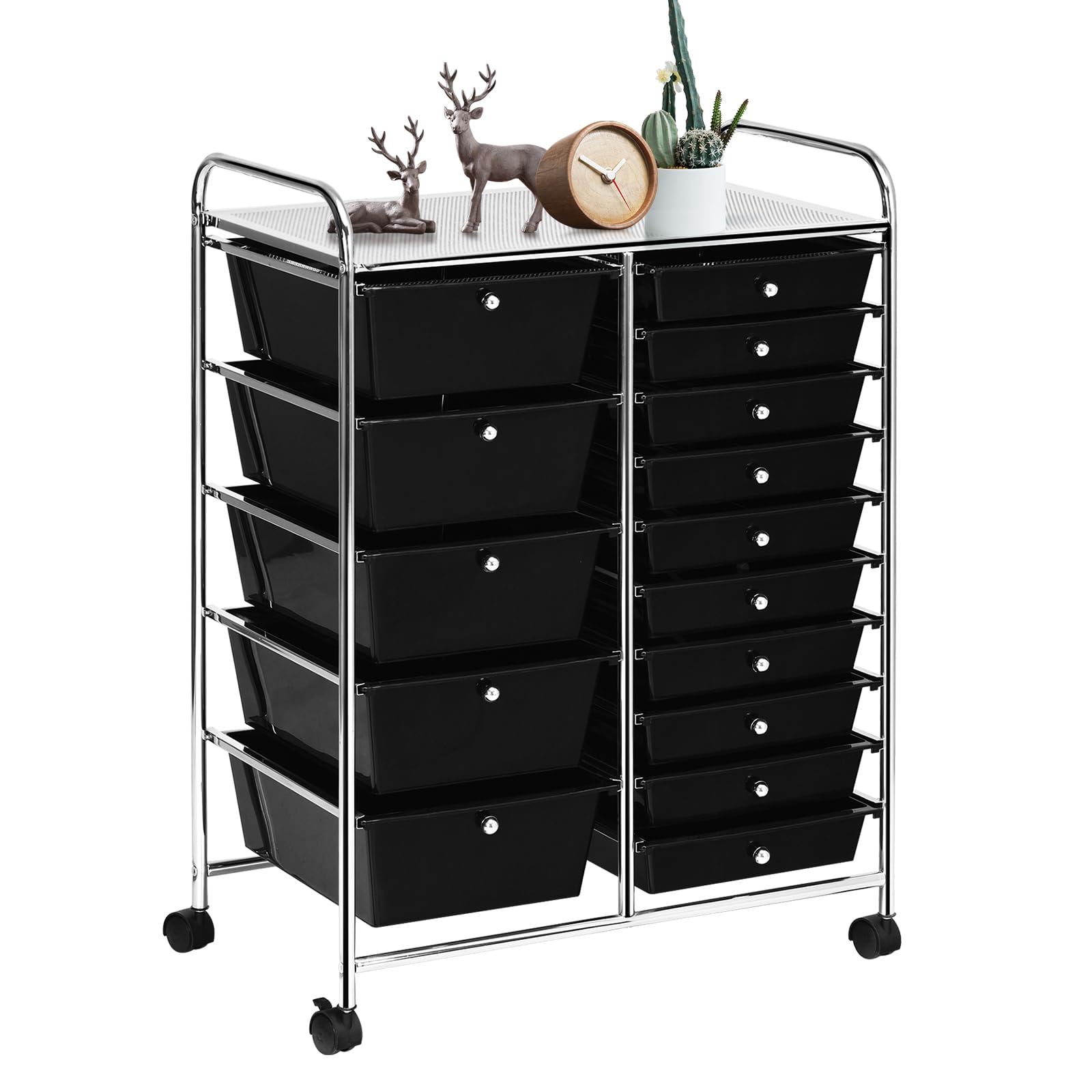 SILKYDRY 15 Drawers Rolling Storage Cart, Craft Cart Organizer with Lockable Wheels for Tools, Arts, Scrapbook, Papers, Multipurpose Utility Cart for Home Office School (Black)