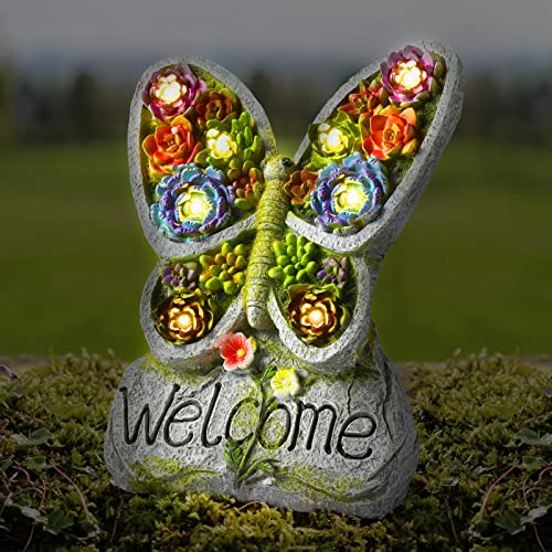 KULEDM Solar Garden Sculptures & Statues -Succulent Butterfly Resin Craft Garden Statue Outdoor Decor with Solar Powered 8 LED Lights for Garden, Patio, Lawn, Yard, Balcony, Porchâ