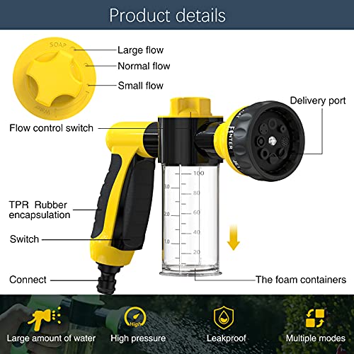 Garden Hose Nozzle, High Pressure Spray Gun Nozzle, 8 Spray Patterns for Watering Plants, Lawn, Patio, Cleaning, Showering Pet with 3.5oz/100cc Soap Dispenser Bottle