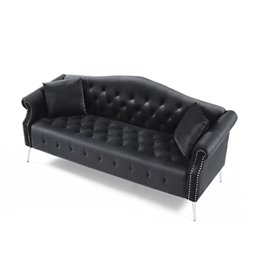 FIQHOME, 78.7" Classic Chesterfield Velvet Sofa Contemporary Upholstered Couch with Button Tufted and Rolled Arms, 2 Pillows Included, 3 Seater, Black
