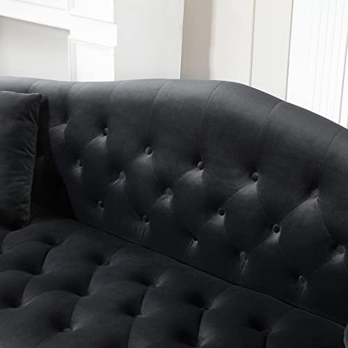 FIQHOME, 78.7" Classic Chesterfield Velvet Sofa Contemporary Upholstered Couch with Button Tufted and Rolled Arms, 2 Pillows Included, 3 Seater, Black
