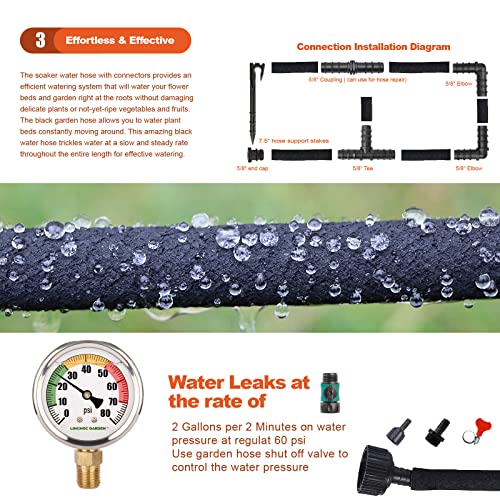 Soaker Hose 150 FT for Garden Beds,Solid Brass Connector 1/2" Round Soaker Garden Hose Kit,Heavy Duty Water Hose Great for Vegetable Beds,Lawn and Plants