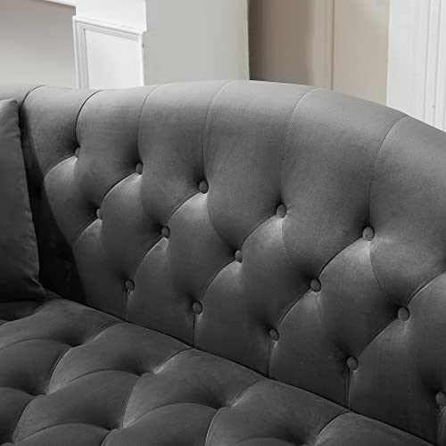 FIQHOME, 78.7" Classic Chesterfield Velvet Sofa Contemporary Upholstered Couch with Button Tufted and Rolled Arms, 2 Pillows Included, 3 Seater,Grey