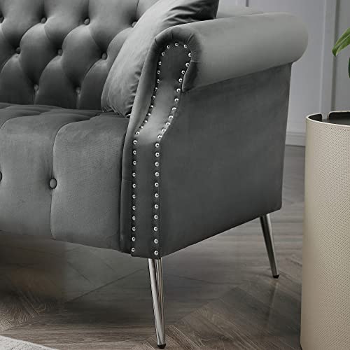 FIQHOME, 78.7" Classic Chesterfield Velvet Sofa Contemporary Upholstered Couch with Button Tufted and Rolled Arms, 2 Pillows Included, 3 Seater,Grey