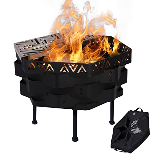 Aterland Wood Burning Fire Pit with Cooking Grate, 2 in 1 Outdoor Firepit Bonfire for BBQ, Foldable Steel Firepit Wood Fire Rings with Gloves for Camping Backyard