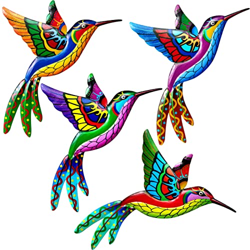 ZYP 4 PCS Metal Hummingbird Wall Art Decor Metal Colorful Birds 3D Outdoor Sculpture Iron Outdoor Hanging Decor Ornaments Metal Hand-made Bird Wall Art Fence Decorations for Living Room Patio Balcony