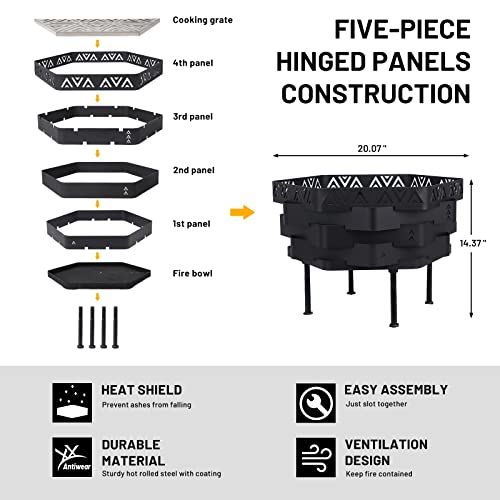 Aterland Wood Burning Fire Pit with Cooking Grate, 2 in 1 Outdoor Firepit Bonfire for BBQ, Foldable Steel Firepit Wood Fire Rings with Gloves for Camping Backyard