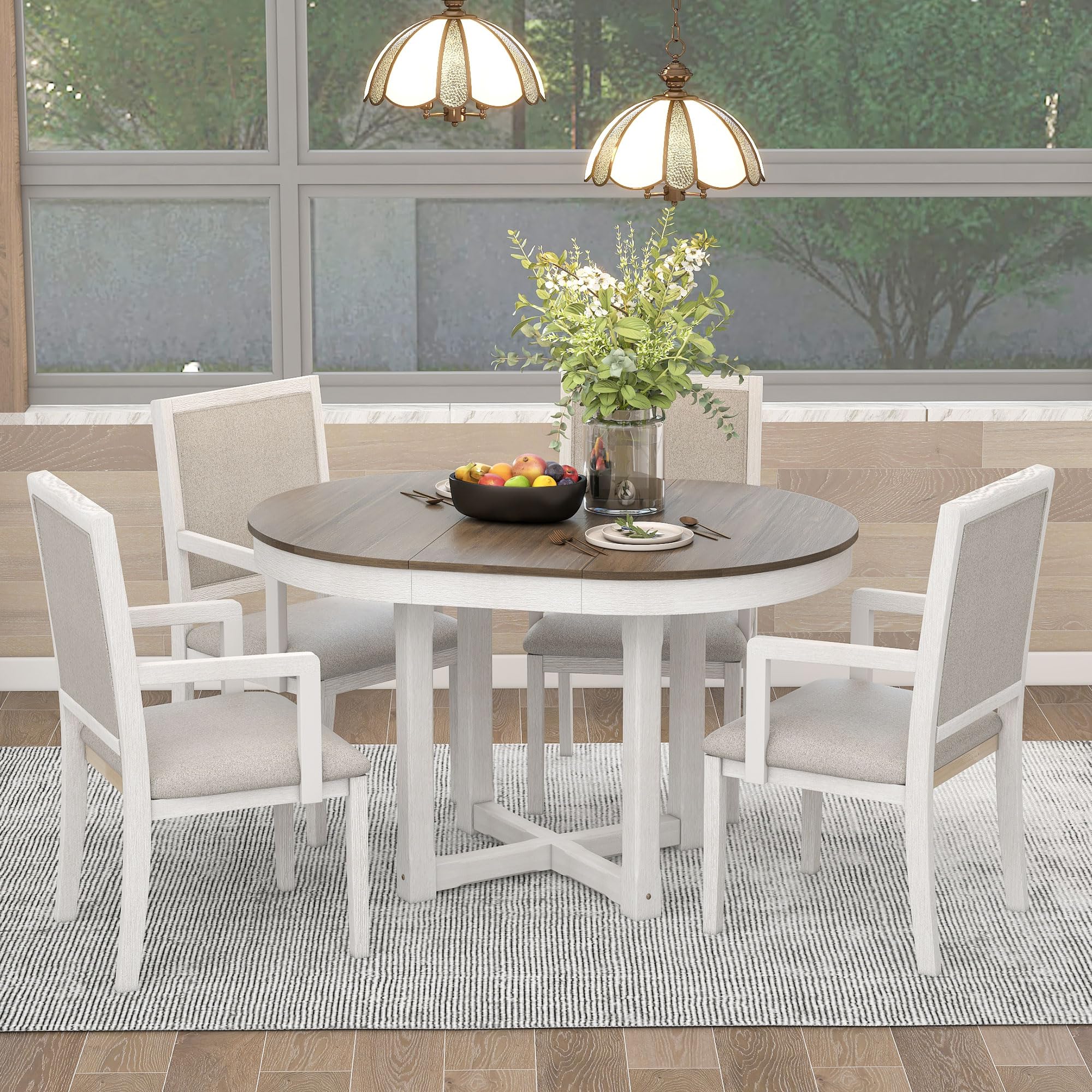 YuiHome Set 5-Piece Wooden Two-Size Round to Oval Extendable Butterfly Leaf Wood Table and 4 Upholstered Dining Chairs with Armrests for Kitchen, Dinning Room,Brown+White