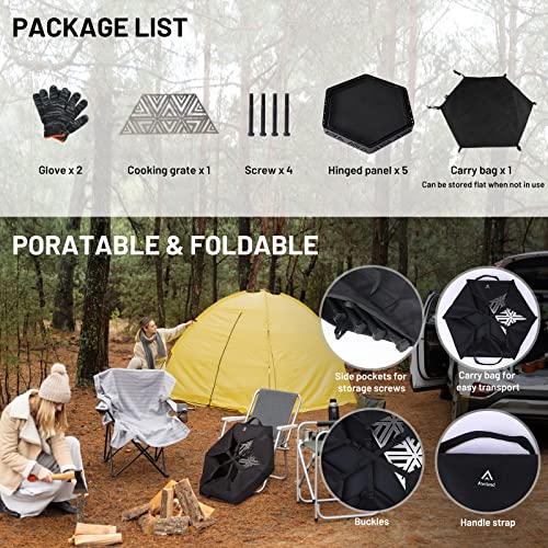 Aterland Wood Burning Fire Pit with Cooking Grate, 2 in 1 Outdoor Firepit Bonfire for BBQ, Foldable Steel Firepit Wood Fire Rings with Gloves for Camping Backyard