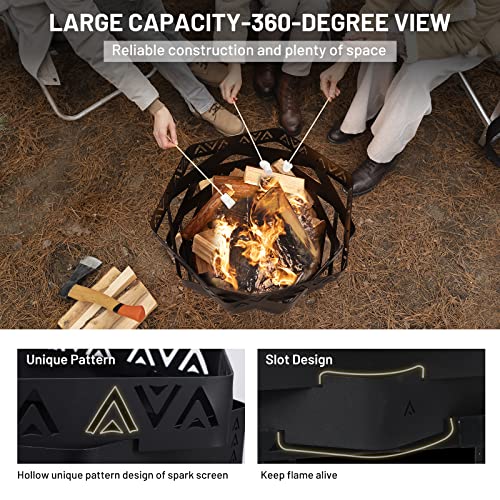 Aterland Wood Burning Fire Pit with Cooking Grate, 2 in 1 Outdoor Firepit Bonfire for BBQ, Foldable Steel Firepit Wood Fire Rings with Gloves for Camping Backyard
