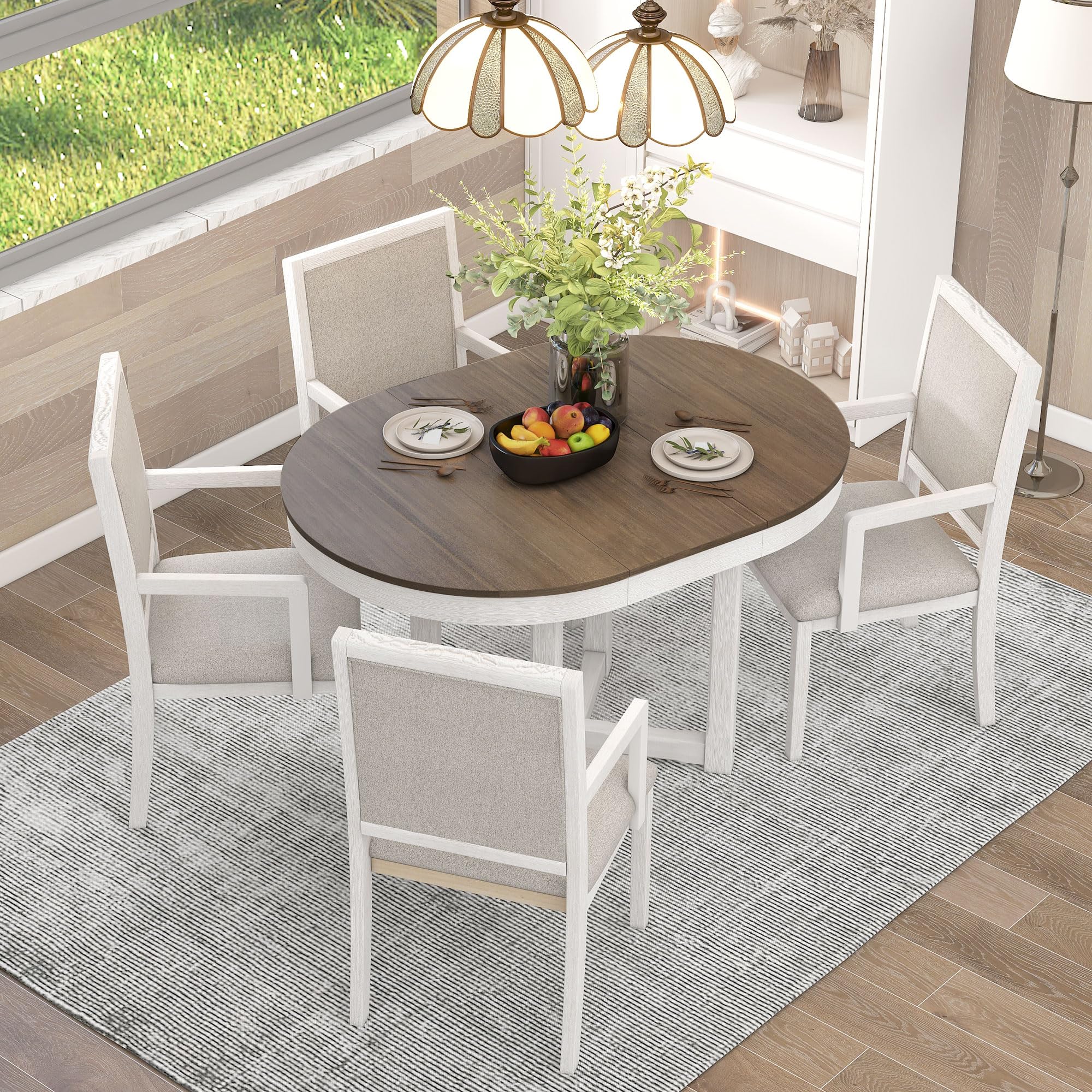 YuiHome Set 5-Piece Wooden Two-Size Round to Oval Extendable Butterfly Leaf Wood Table and 4 Upholstered Dining Chairs with Armrests for Kitchen, Dinning Room,Brown+White