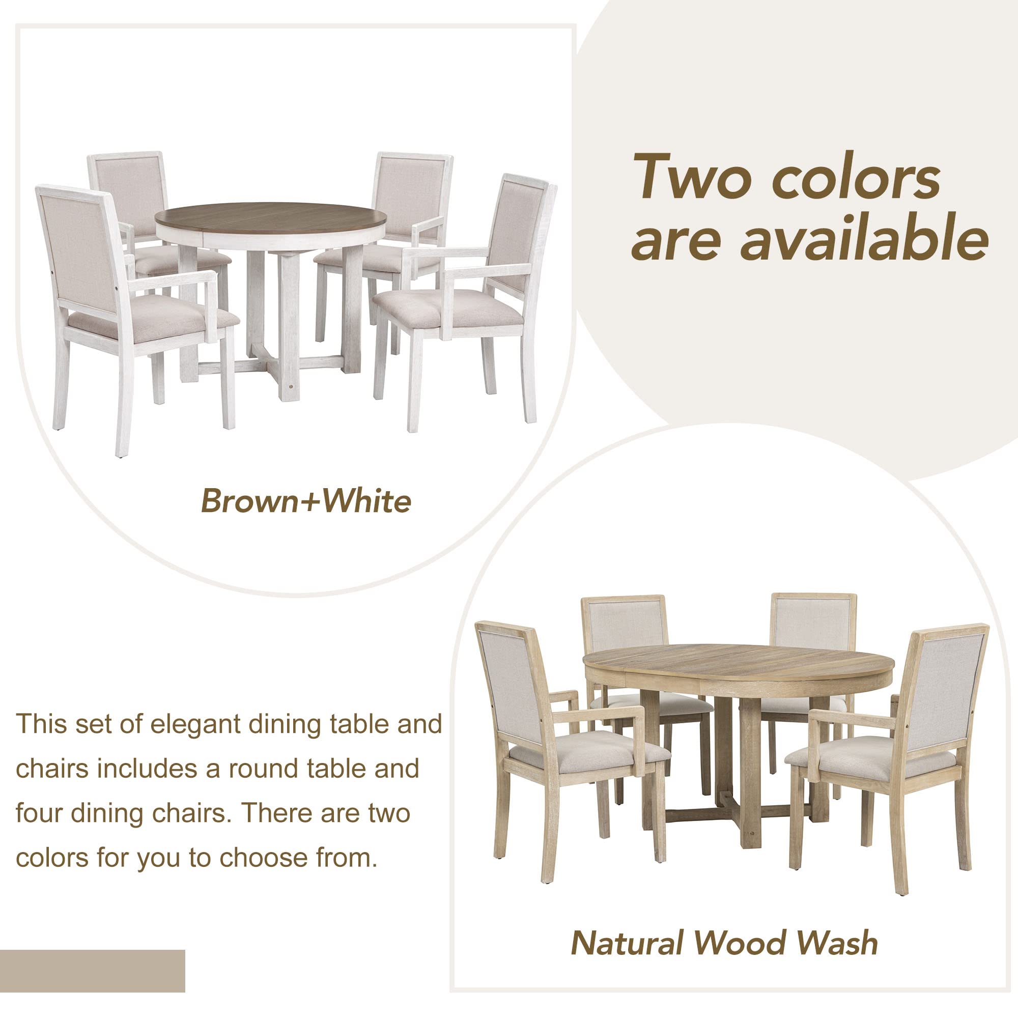 YuiHome Set 5-Piece Wooden Two-Size Round to Oval Extendable Butterfly Leaf Wood Table and 4 Upholstered Dining Chairs with Armrests for Kitchen, Dinning Room,Brown+White