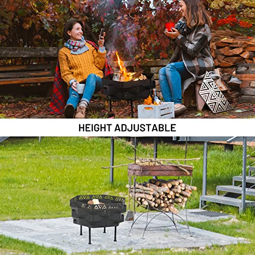 Aterland Wood Burning Fire Pit with Cooking Grate, 2 in 1 Outdoor Firepit Bonfire for BBQ, Foldable Steel Firepit Wood Fire Rings with Gloves for Camping Backyard