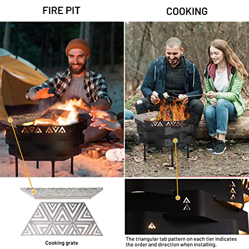 Aterland Wood Burning Fire Pit with Cooking Grate, 2 in 1 Outdoor Firepit Bonfire for BBQ, Foldable Steel Firepit Wood Fire Rings with Gloves for Camping Backyard