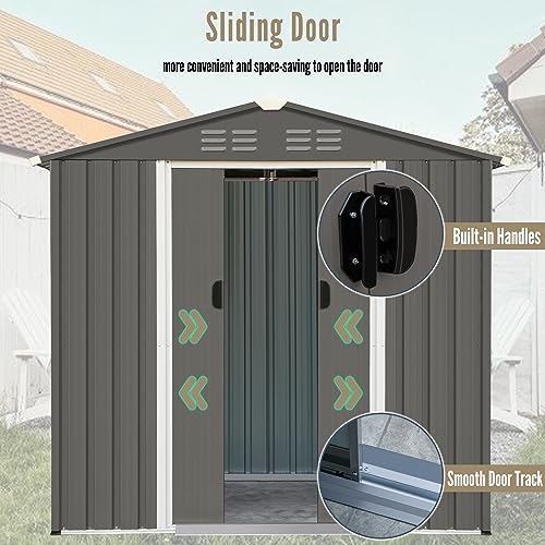 IJIALIFE 6 x 4 FT Outdoor Storage Shed,Galvanized Metal Garden Tool Shed,Sheds & Outdoor Storage Clearance with Sliding Door and Vant,Metal Shed for Patio and Backyard,Olive Gray
