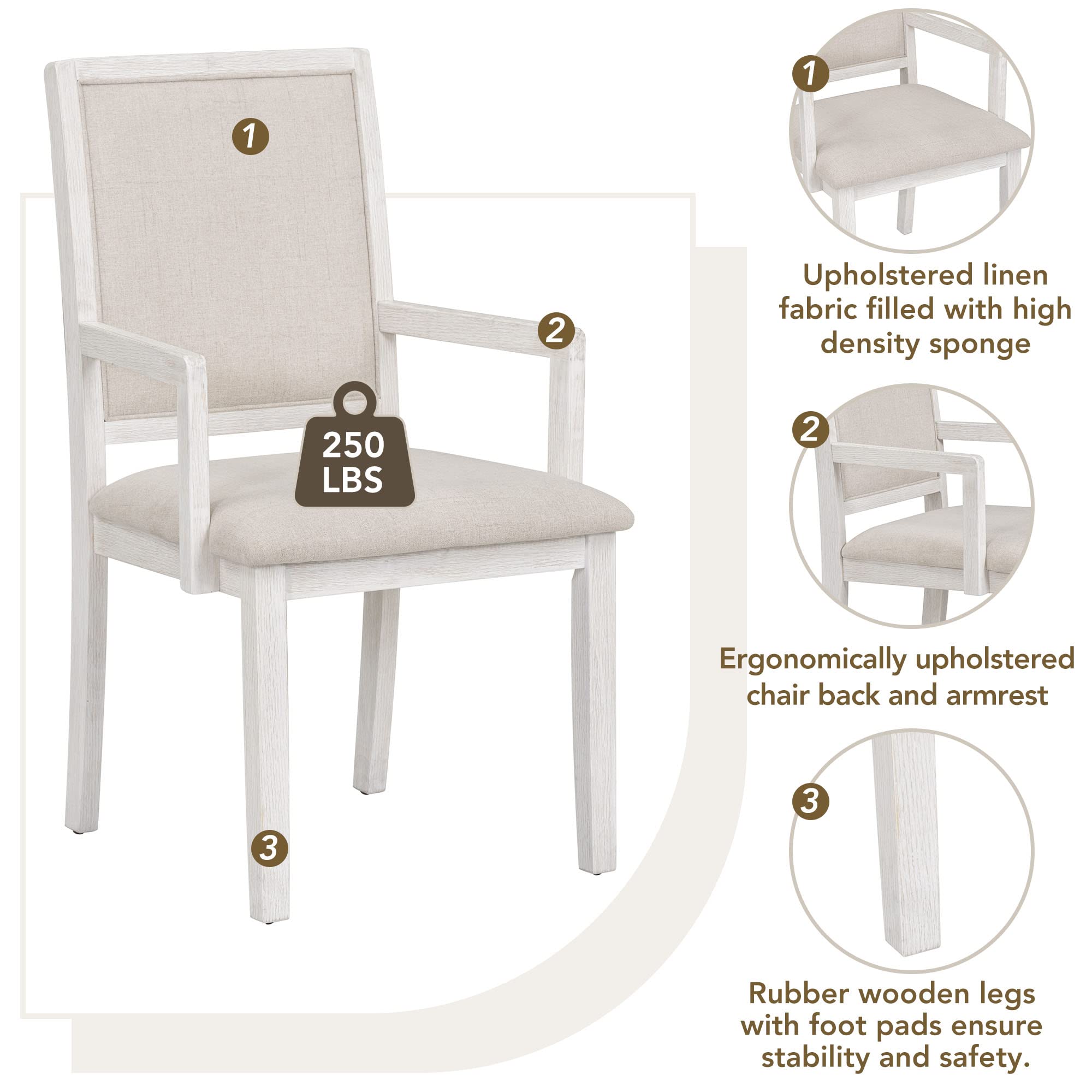 YuiHome Set 5-Piece Wooden Two-Size Round to Oval Extendable Butterfly Leaf Wood Table and 4 Upholstered Dining Chairs with Armrests for Kitchen, Dinning Room,Brown+White