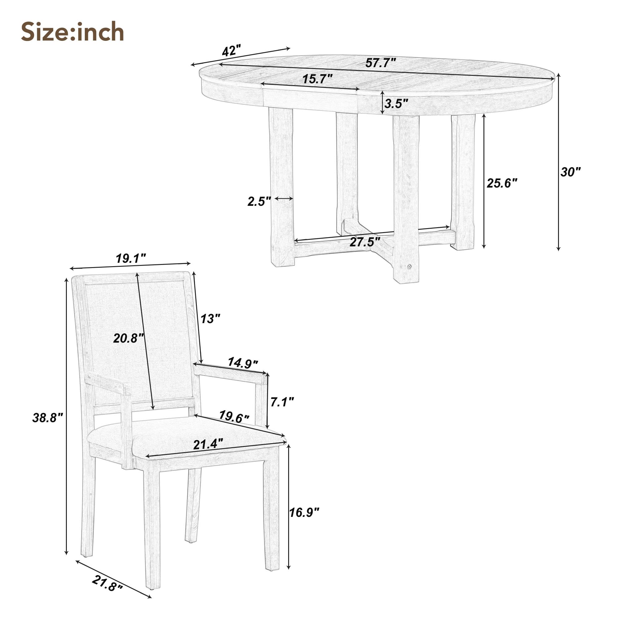 YuiHome Set 5-Piece Wooden Two-Size Round to Oval Extendable Butterfly Leaf Wood Table and 4 Upholstered Dining Chairs with Armrests for Kitchen, Dinning Room,Brown+White