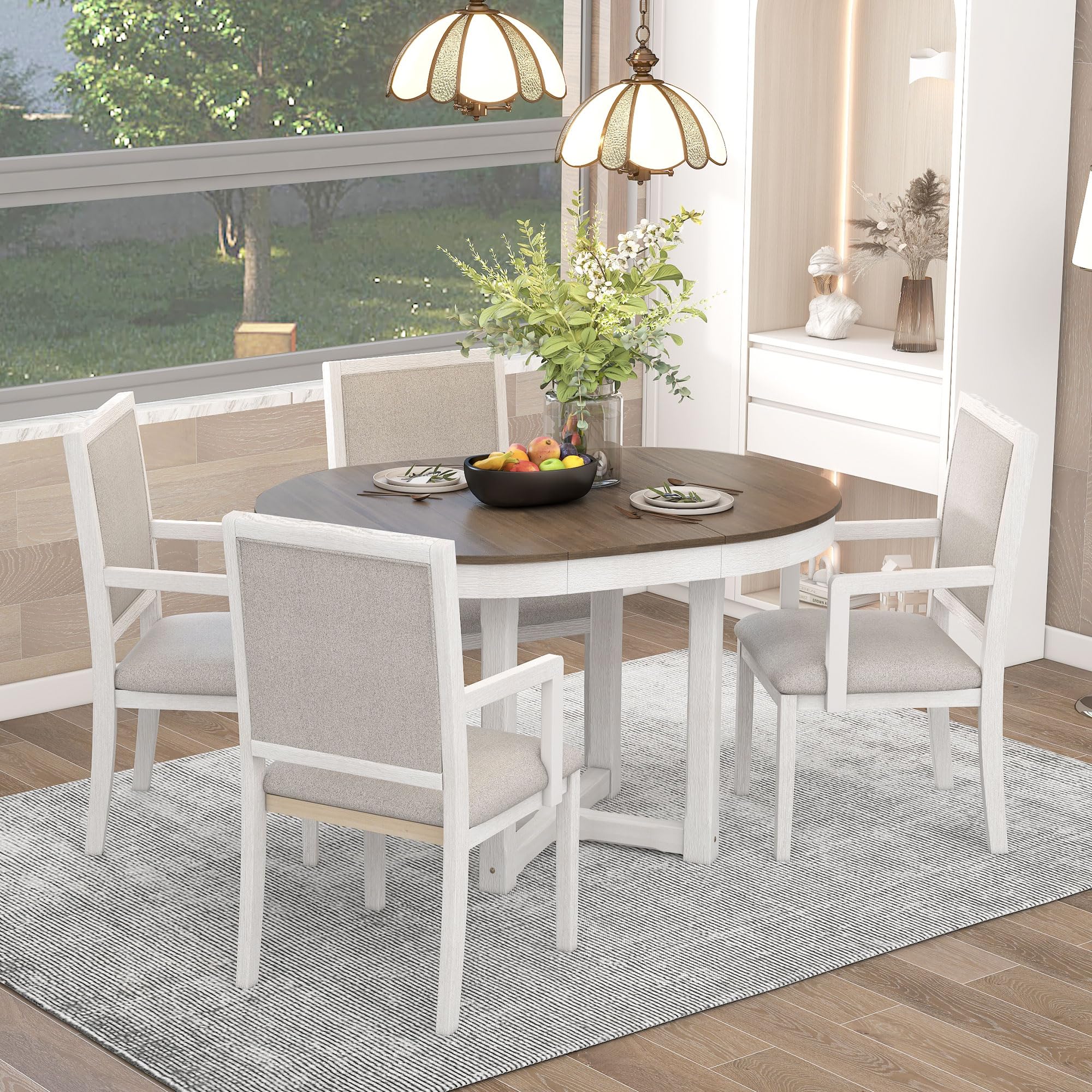 YuiHome Set 5-Piece Wooden Two-Size Round to Oval Extendable Butterfly Leaf Wood Table and 4 Upholstered Dining Chairs with Armrests for Kitchen, Dinning Room,Brown+White