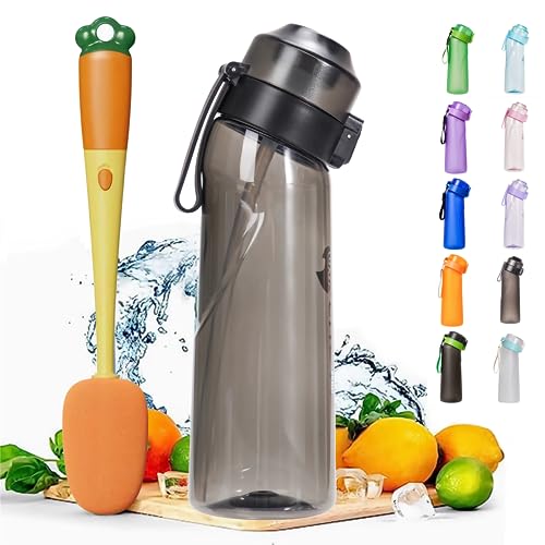 BBAUER Sports A1r Water Bottle BPA Free Starter up Set Drinking Bottles,650ML Fruit Fragrance Water Bottle,with 1 Bottle Brush,0% Sugar Water Cup,for Gym and Outdoor Gift (Black+1 Bottle Brush)