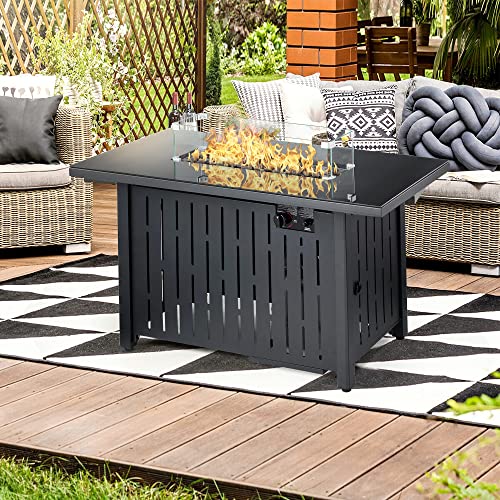 CUREALLSO Propane Fire Pit, 43 Inch 50,000BTU Auto-Ignition Gas Fire Pit Table with Lava Stone, Glass Wind Guard, CSA Approved for Outdoor Garden Patio Backyard