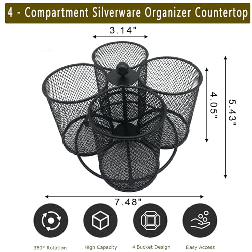 BESSKON 360° Rotating Kitchen Silverware Organizer,Utensil Organizer,4 Compartment Flatware Organizer,Countertop Utensil Holder for Spatula,Knives,Spoons and Forks,Counter Cutlery Caddy for Party