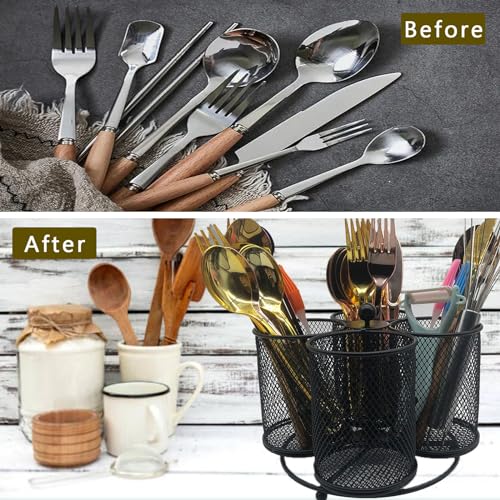 BESSKON 360° Rotating Kitchen Silverware Organizer,Utensil Organizer,4 Compartment Flatware Organizer,Countertop Utensil Holder for Spatula,Knives,Spoons and Forks,Counter Cutlery Caddy for Party
