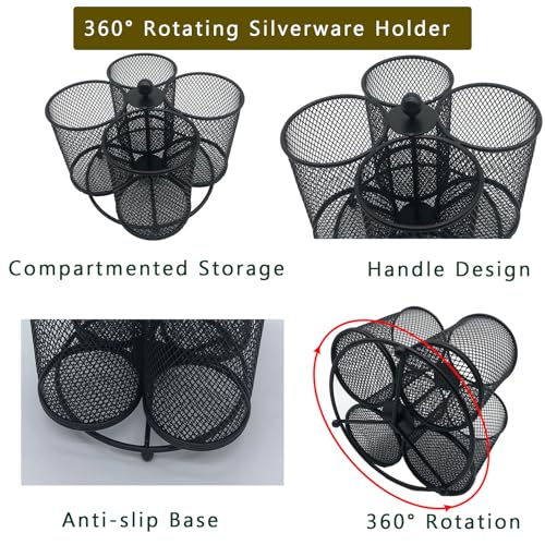 BESSKON 360° Rotating Kitchen Silverware Organizer,Utensil Organizer,4 Compartment Flatware Organizer,Countertop Utensil Holder for Spatula,Knives,Spoons and Forks,Counter Cutlery Caddy for Party