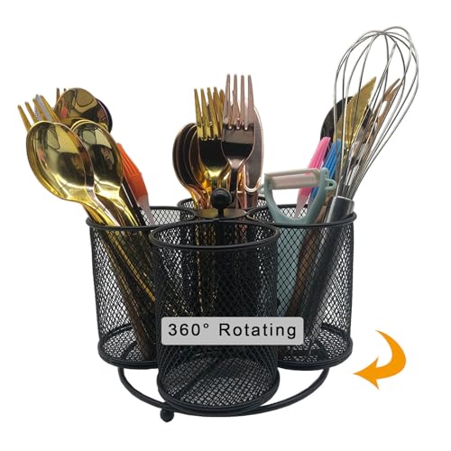BESSKON 360° Rotating Kitchen Silverware Organizer,Utensil Organizer,4 Compartment Flatware Organizer,Countertop Utensil Holder for Spatula,Knives,Spoons and Forks,Counter Cutlery Caddy for Party