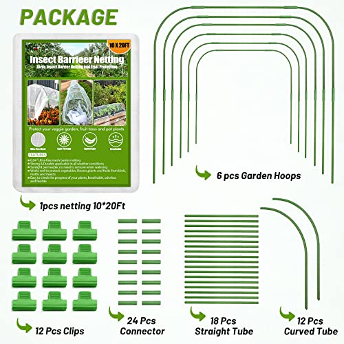 Cludoo 67pcs Garden Mesh Netting Kit,6 Sets Wide Garden Hoops with 10x20 ft Garden Covers Bird Netting& 12 Clips, Garden Protection for Raised Beds Greenhouse Vegetable Plants Flowers Animals
