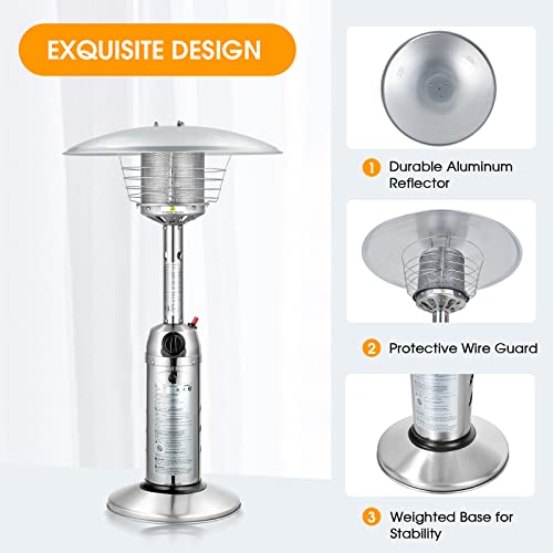 Tangkula Tabletop Propane Patio Heater, 11,000 BTU Portable Outdoor Heater W/Adjustable Flame, Simple Ignition System, Tipping-Over Protection, Ideal for Courtyard, Garden, Patio Restaurant (Silver)