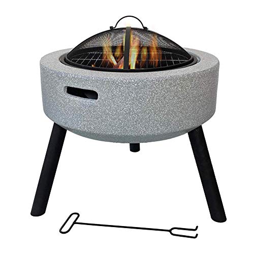 Fire Pit with Grill Shelf, Geo Fire Pit Bowl with Triangle Bracket Magnesium Oxide Material Outdoor Garden Fire Pit with Mesh Cover for Outdoor, Garden, Barbecue, Camping (Grey)