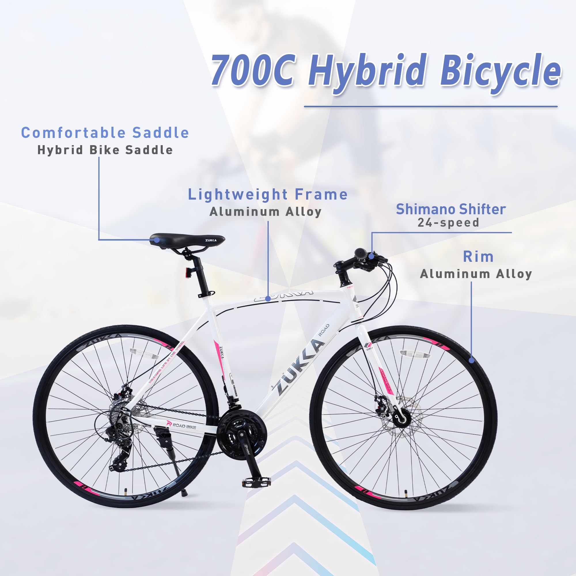 24 Speed Hybrid Bike Disc Brake 700C Road Bike for Men Women's City Bicycle (White)