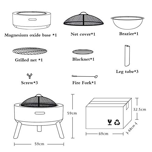 Fire Pit with Grill Shelf, Geo Fire Pit Bowl with Triangle Bracket Magnesium Oxide Material Outdoor Garden Fire Pit with Mesh Cover for Outdoor, Garden, Barbecue, Camping (Grey)