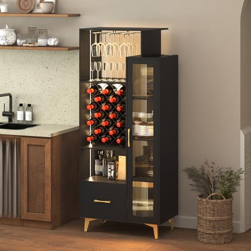 Vlsrka LED Liquor Wine Cabinet, Wine Bar Cabinet with USB Port, Bar Cabinets for 18 Bottle Wine Rack and 3 Glass Holder, Tall Sideboard Buffet Storage Cabinet for Living, Dining Room, Black