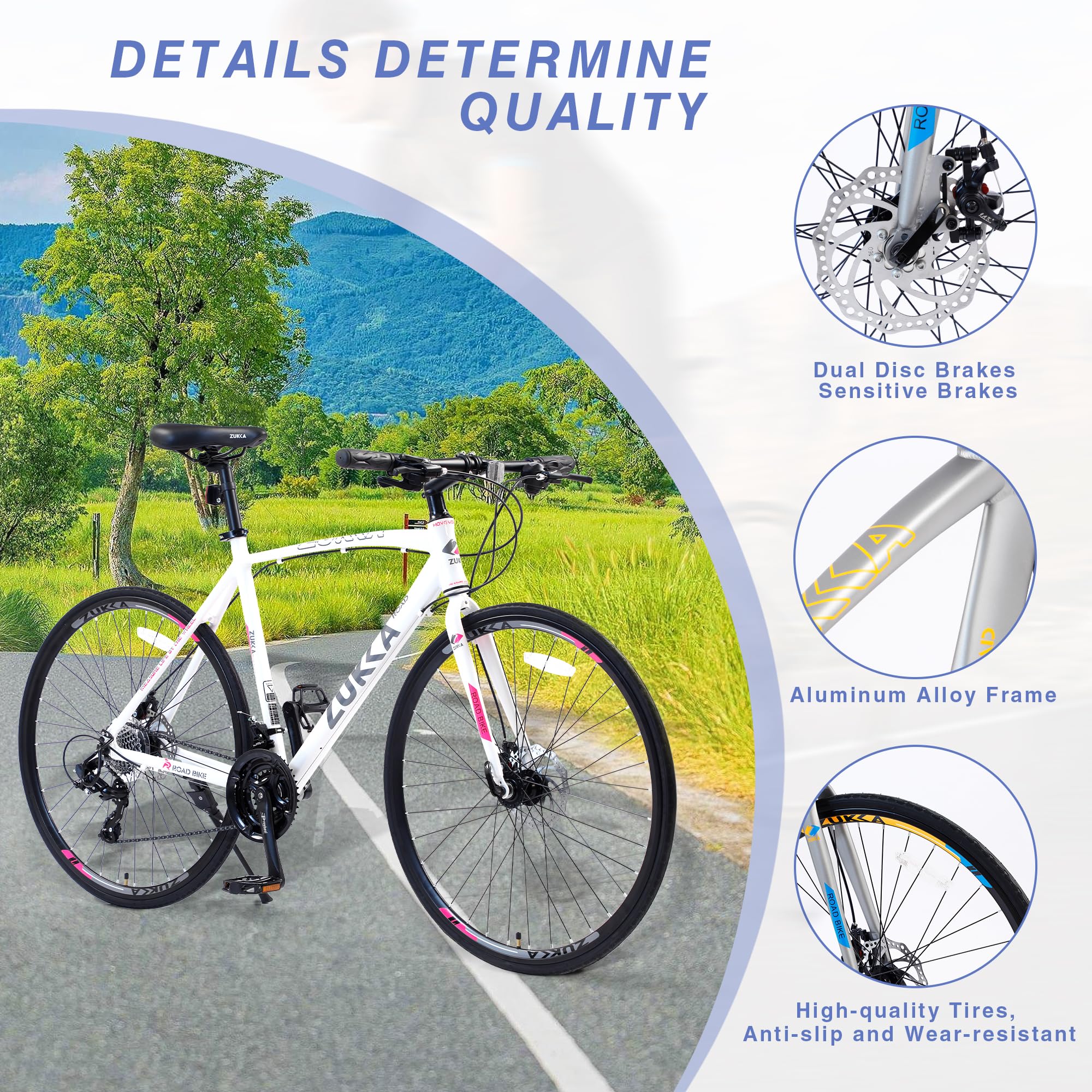 24 Speed Hybrid Bike Disc Brake 700C Road Bike for Men Women's City Bicycle (White)