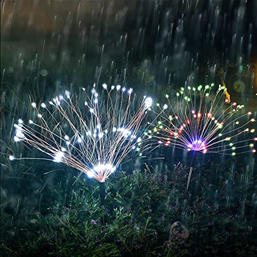 XVZ Solar Garden Lights, 2 Pack 120 LED Solar Powered Firework Light,2 Modes and Waterproof DIY Outdoor Decoration Light for Walkway Pathway Backyard Christmas Party Decor(Cold White)