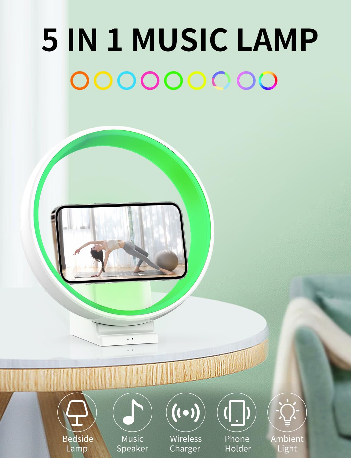 LOVME Wireless Bluetooth Speaker with RGB Light, Skywheel 15W Wireless Charger Ambient Lamp & Phone Holder, Bedside Night Light for Bedroom, Gift for Teen Kids (Battery Included)