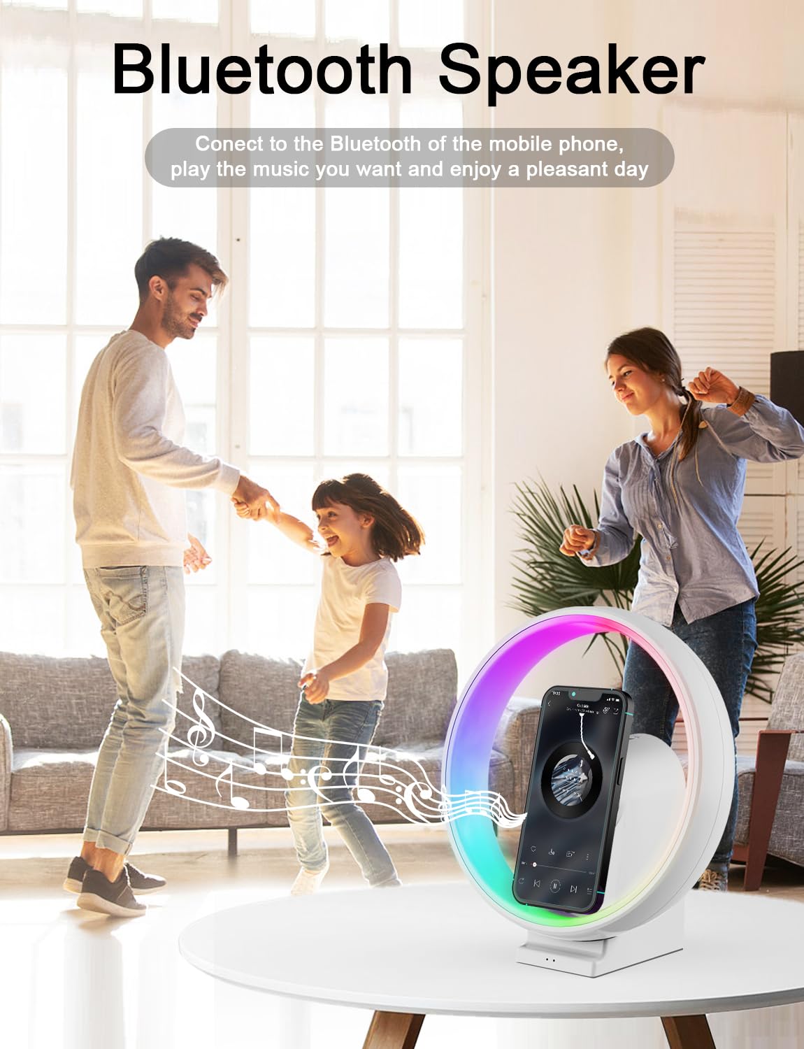 LOVME Wireless Bluetooth Speaker with RGB Light, Skywheel 15W Wireless Charger Ambient Lamp & Phone Holder, Bedside Night Light for Bedroom, Gift for Teen Kids (Battery Included)