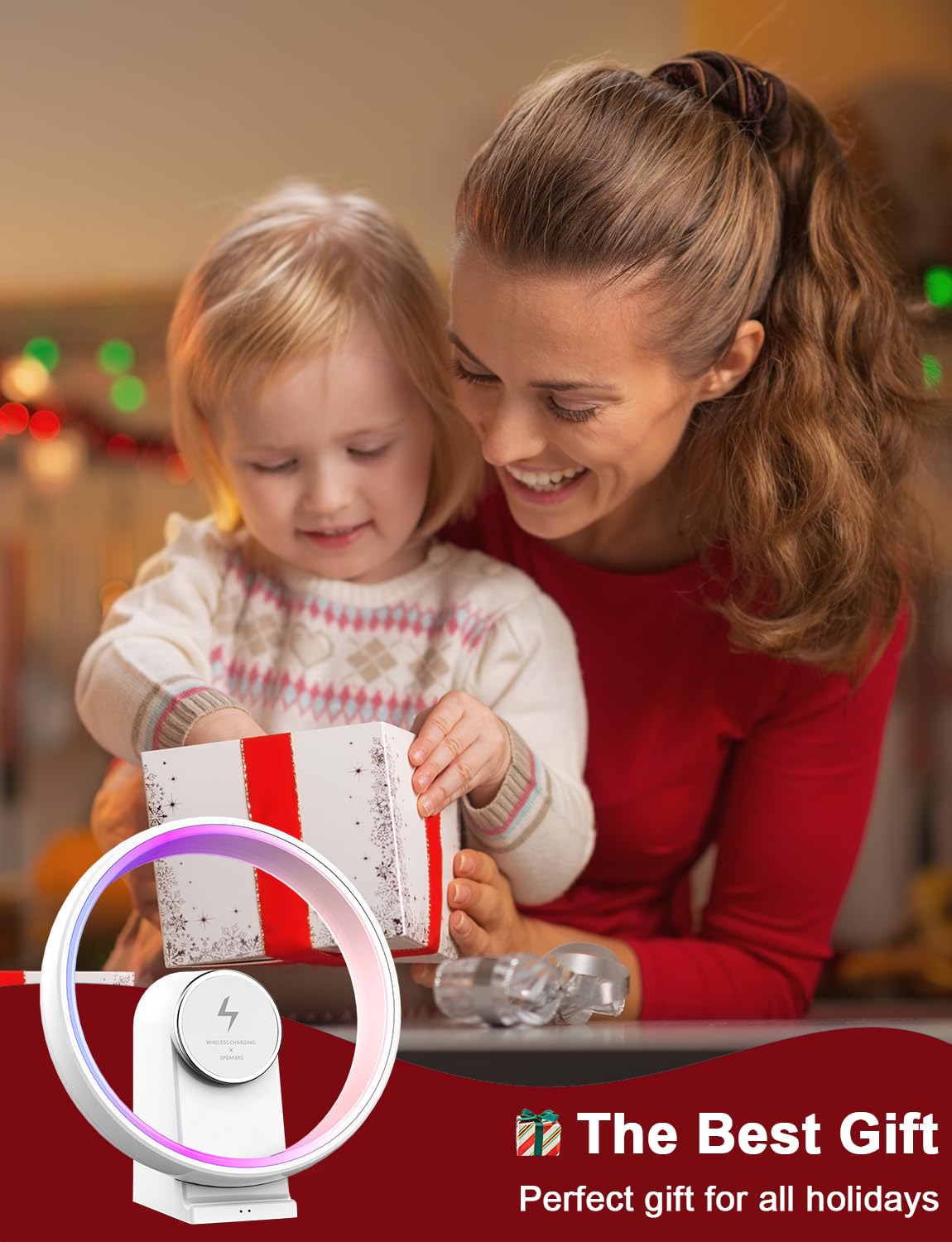 LOVME Wireless Bluetooth Speaker with RGB Light, Skywheel 15W Wireless Charger Ambient Lamp & Phone Holder, Bedside Night Light for Bedroom, Gift for Teen Kids (Battery Included)