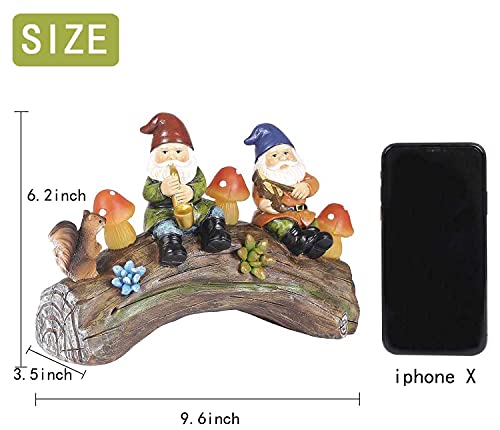 Jy.Cozy Garden Gnome Statues - Resin Squirrel Gnomes Figurine Solar LED Mushroom Lights on Log, Outdoor Spring Decorations for Patio Yard Lawn Porch, Ornament Gift