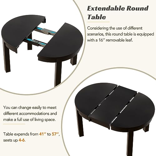 Dinehome 5 Piece Extendable Round Dining Table Set for 4-6 with Storage Drawers and Four Chairs,16" Removable Leaf, Espresso