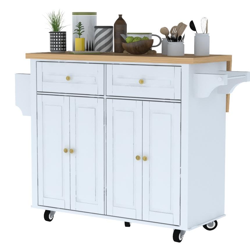 Kitchen Island Cart with Drop Leaf, Rolling Mobile Kitchen Island Table on Wheels with Storage Cabinet, Drawer, Spice/Towel Rack, White