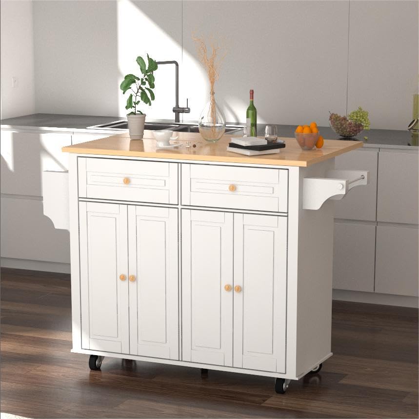 Kitchen Island Cart with Drop Leaf, Rolling Mobile Kitchen Island Table on Wheels with Storage Cabinet, Drawer, Spice/Towel Rack, White